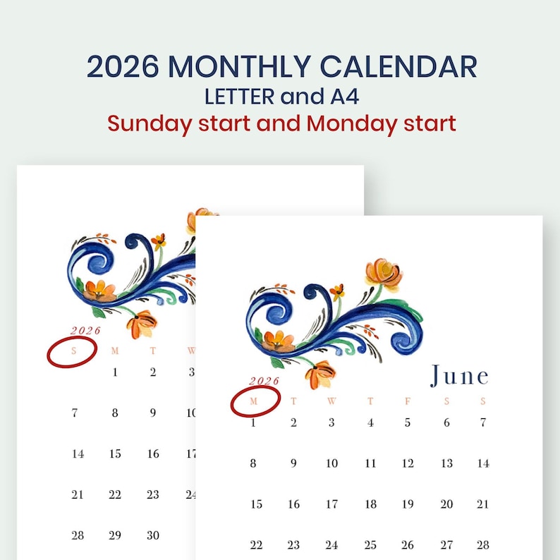 2026 Rosemaling Monthly Calendar – Printable PDF (portrait) A4 Letter ...