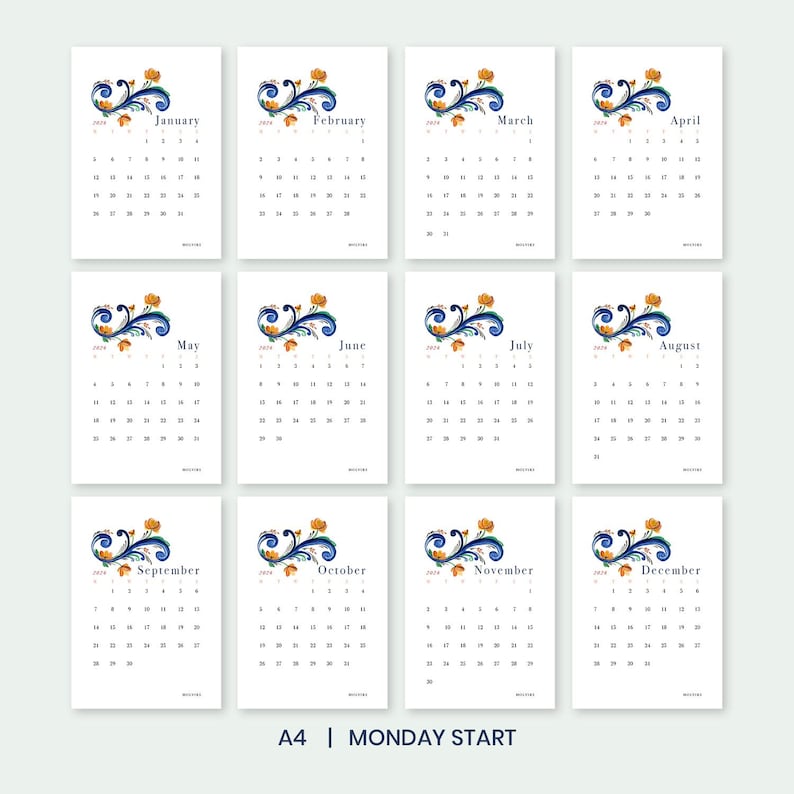 2026 Calendar Monthly Rosemaling – Printable PDF (portrait) A4 Letter ...