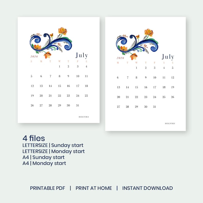 2026 Calendar Monthly Rosemaling – Printable PDF (portrait) A4 Letter ...