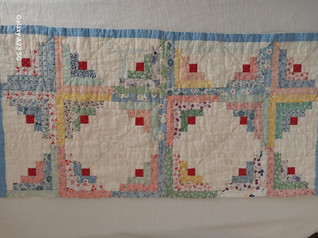 Vintage Log Cabin Cutter Quilt Piece 14 1/2 X 28 1/2 Primitive Handmade ...