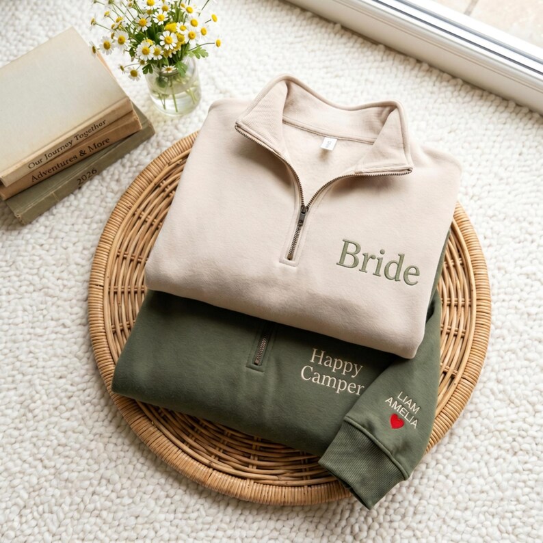 Custom Embroidered Quarter Zip Sweatshirt: Mountain Bride, Happy Camper ...