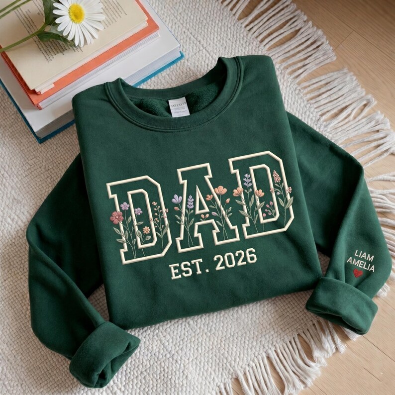 Embroidered Dad Sweatshirt, Floral Est. 2026, Custom Sleeve Name (liam ...
