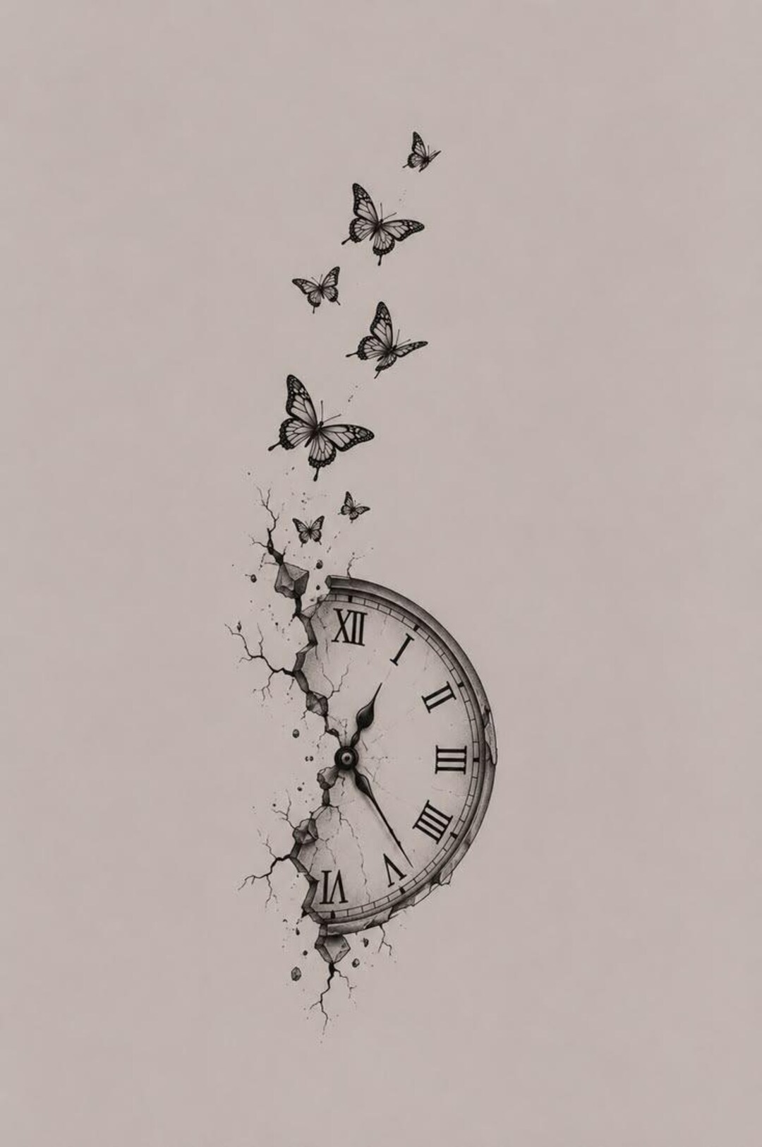 Surreal Butterfly Clock Tattoo Design, Fine Line Roman Numeral Art ...