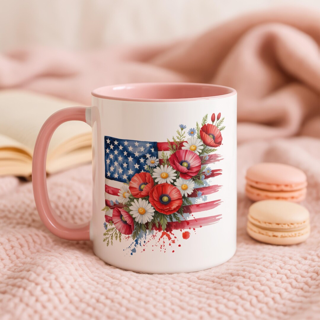 Patriotic Floral Mug, American Flag Flowers Coffee Mug, Americana ...