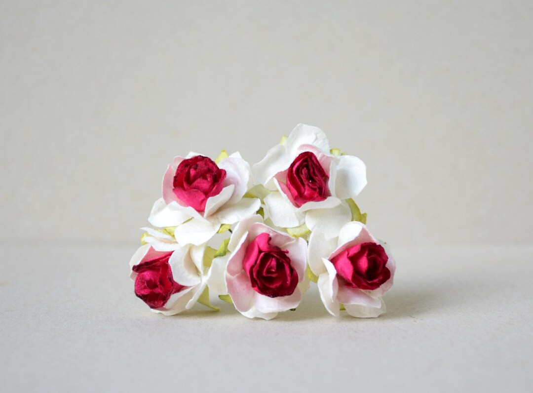 30 Mm / 5 Mixed Hot Pink and White Paper Roses for Crafts ,scrapbooking ...