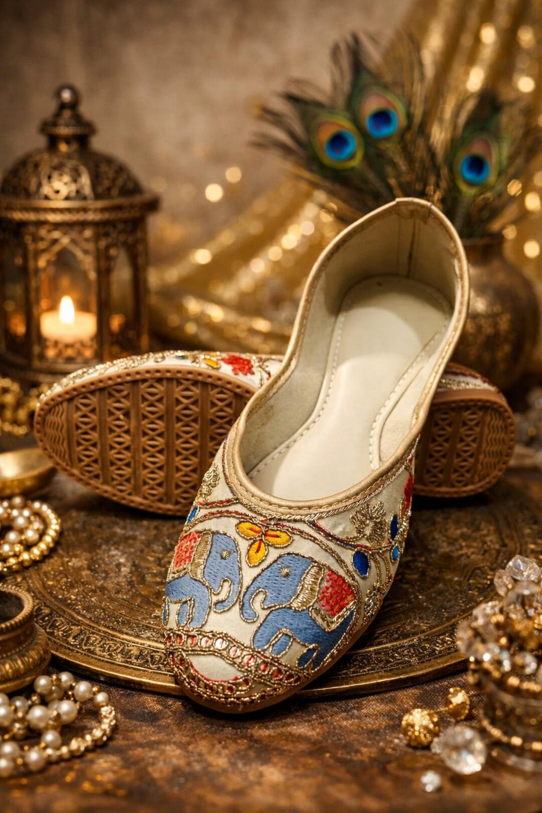 Elephant Embroidered Indian Shoes – Cream Bridal Flats | Handmade ...