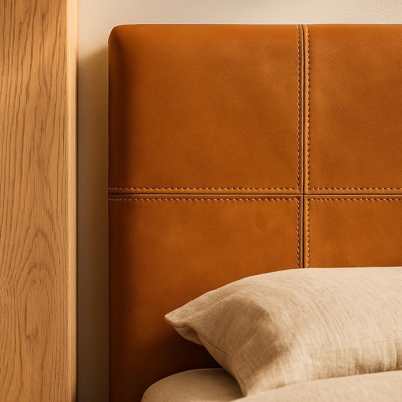 Handcrafted Cognac Brown Leather Bed Headboard – Modern Minimalist Wall ...