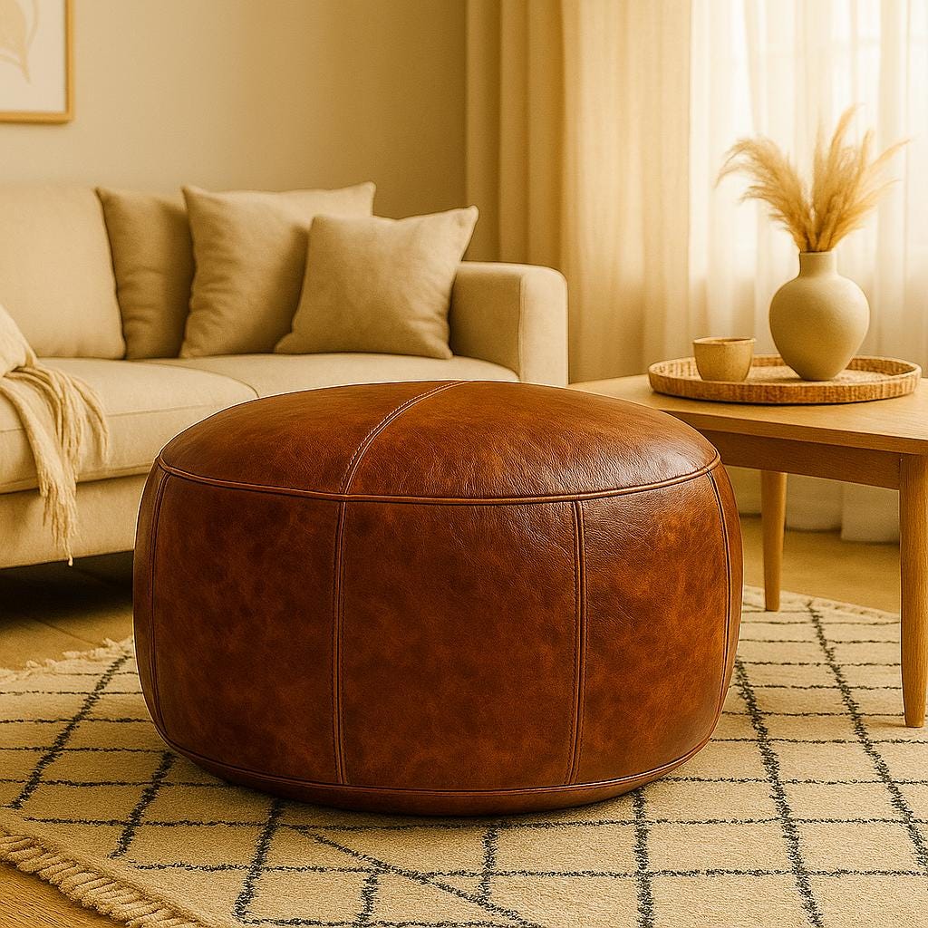 Moroccan Tan Leather Pouf Cover – Handmade Round Ottoman Floor Cushion ...