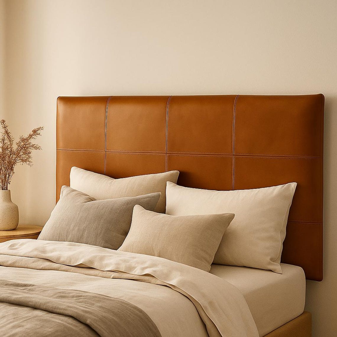 Handcrafted Cognac Brown Leather Bed Headboard – Modern Minimalist Wall ...