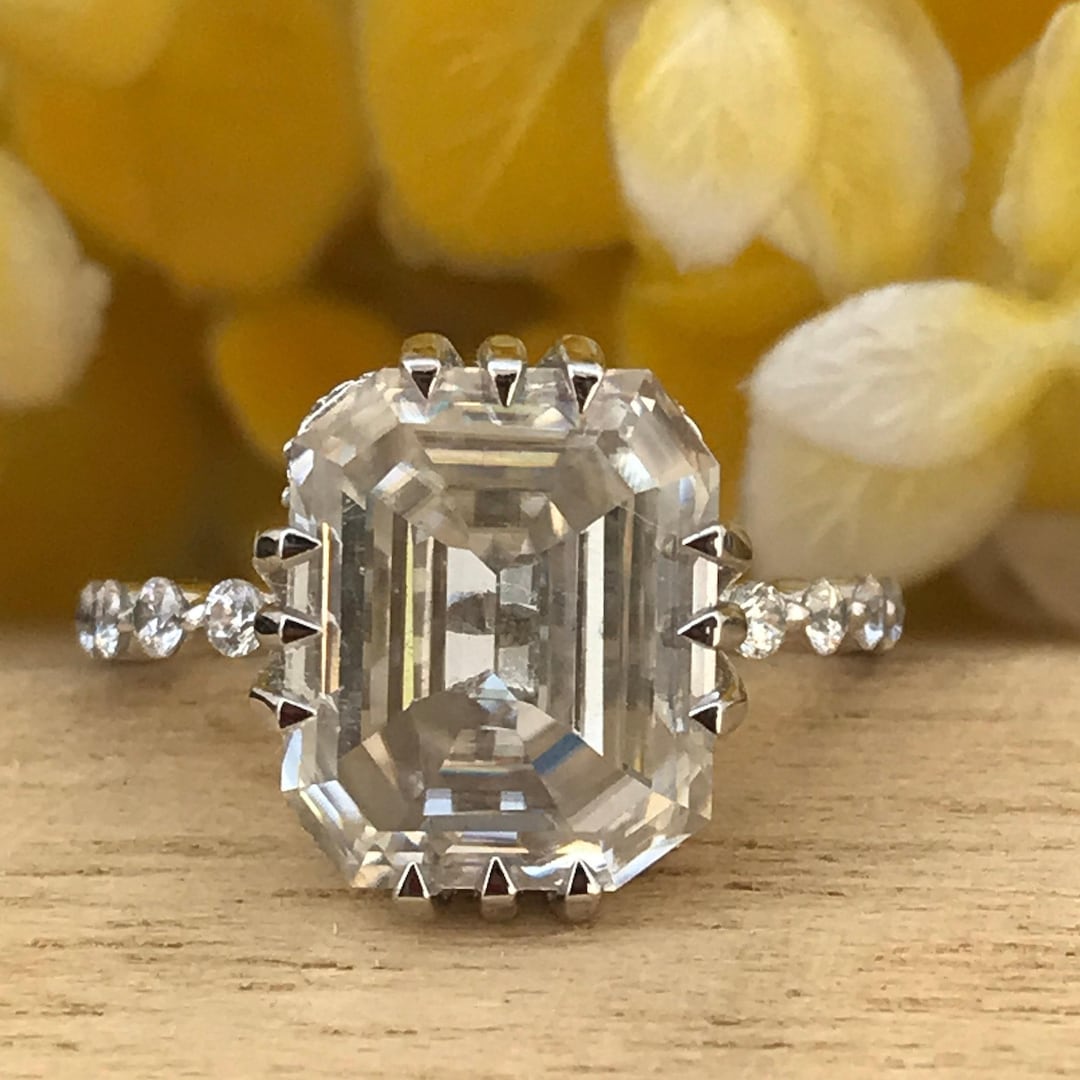 Compass Prong Set Wedding Ring, Emerald Cut Diamond Ring, Bubble Prong ...