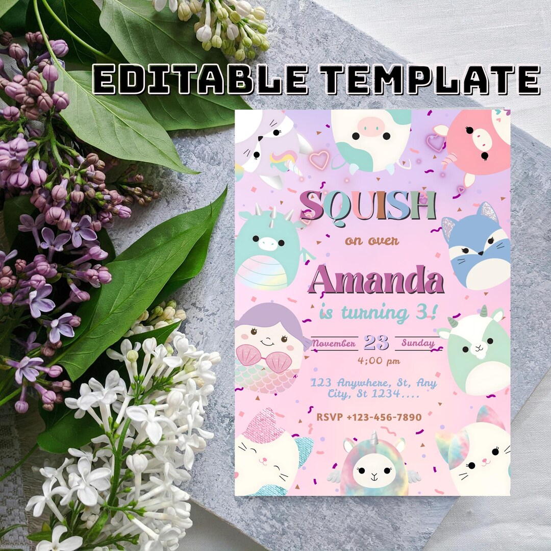 Squishmallow Birthday Invitation Template: Editable Girl Party Invite ...