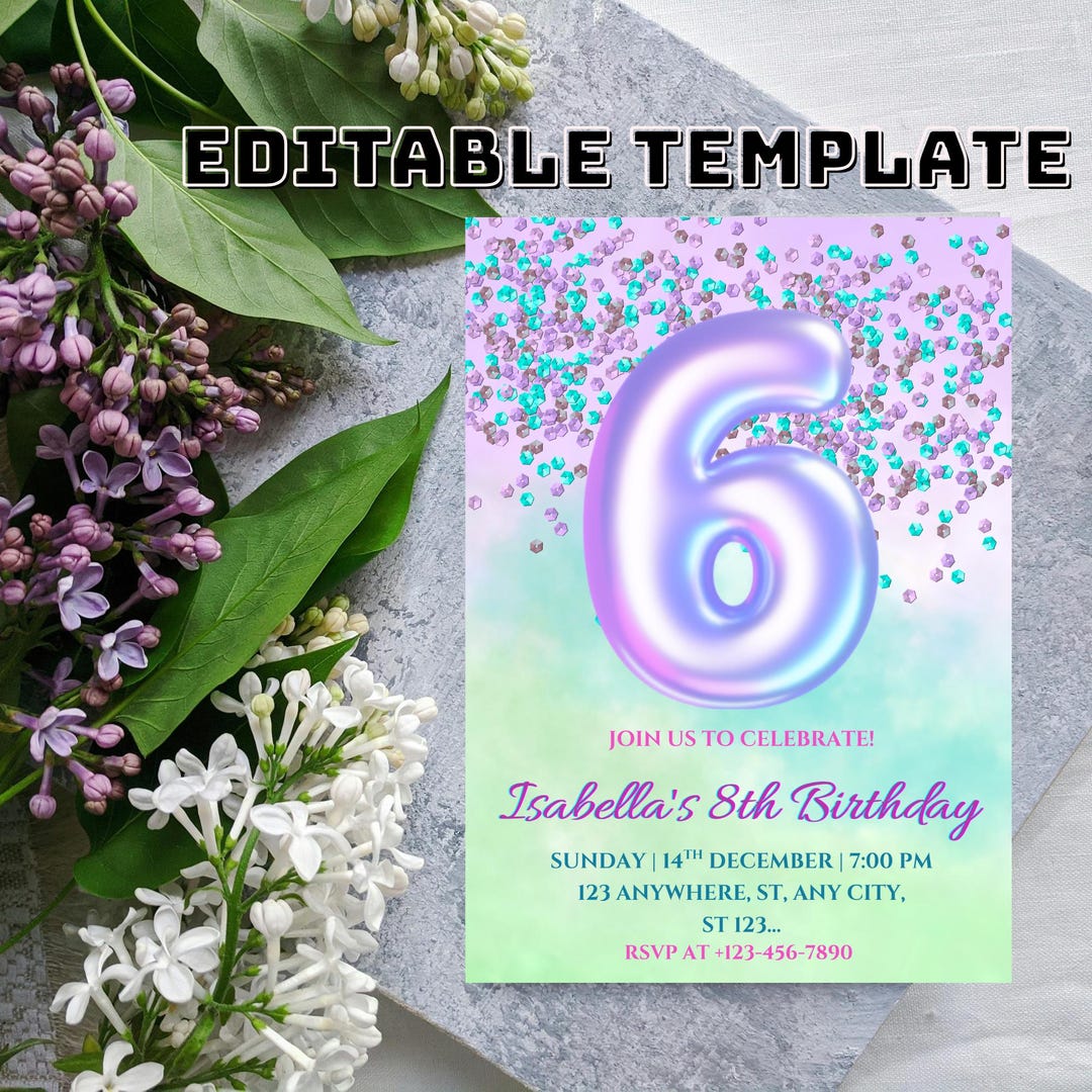 Pink 8th Birthday Invitation, Glitter Rainbow, Canva Editable (digital ...