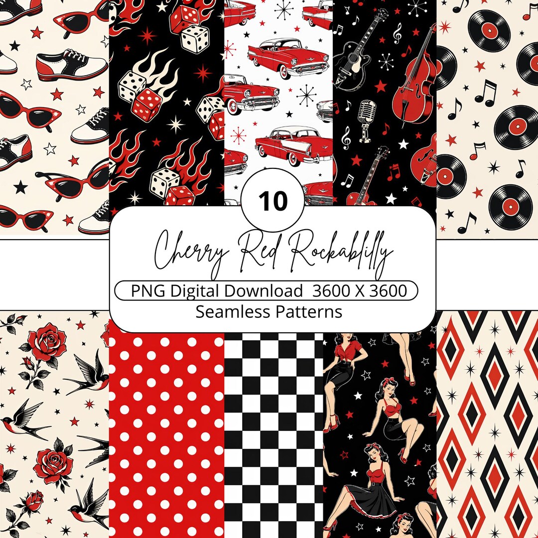 Cherry Red Rockabilly Seamless Patterns | 50s Retro Digital Paper ...