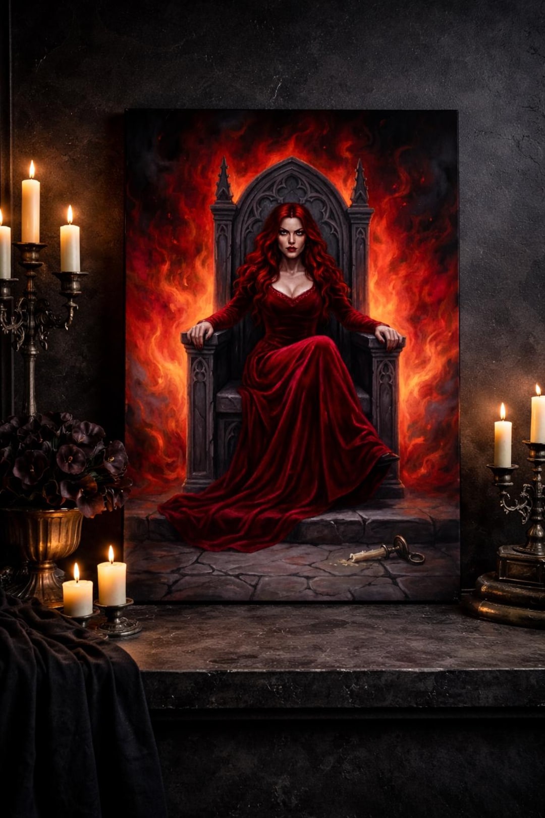 Gothic Wall Art Lilith, Dark Goddess Throne Canvas, Fire Queen Red ...