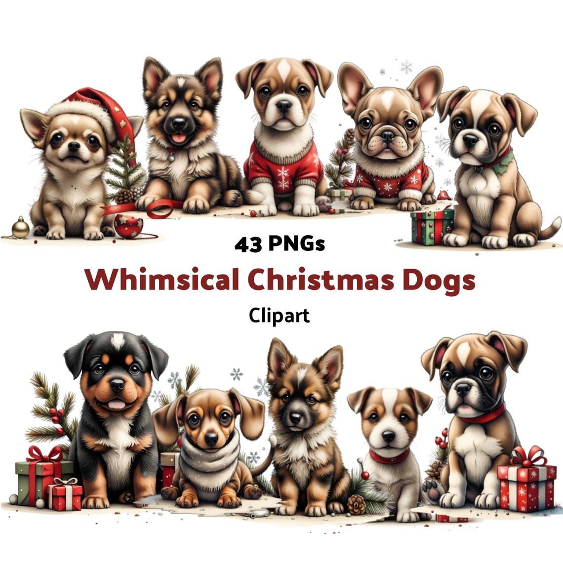 Whimsical Christmas Dogs Clipart – Cute Festive Puppies in Santa Hats ...