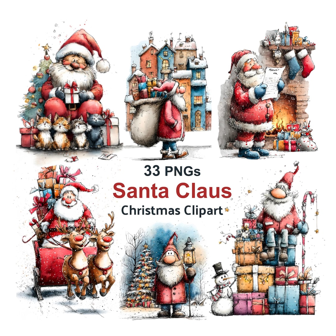 Watercolor Santa Claus Clipart Set | Whimsical Christmas PNG Bundle - Etsy