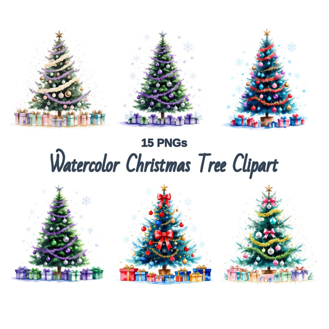 Watercolor Christmas Tree Clipart | Festive Holiday PNG JPEG (digital ...