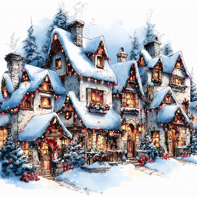 Christmas Village Watercolor Clipart Set – Cozy Winter Townhouses ...