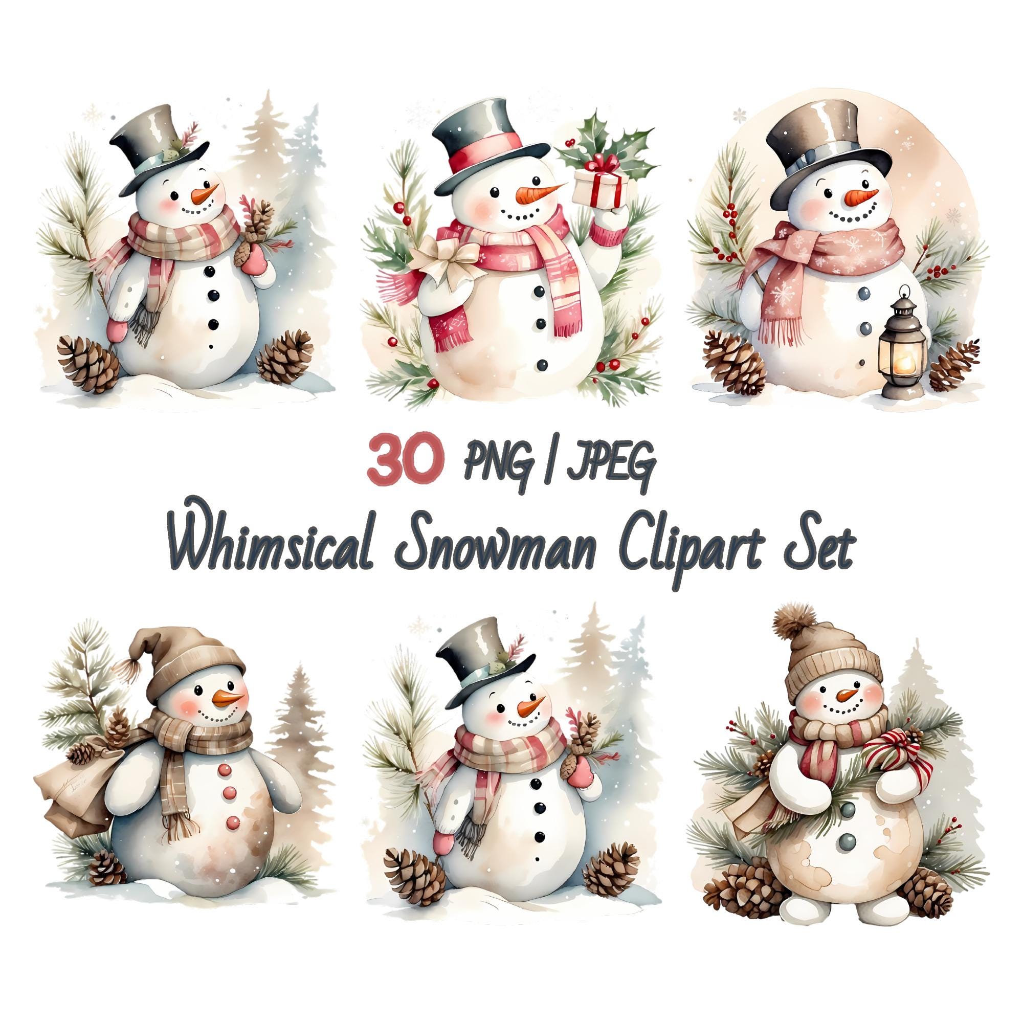 Whimsical Snowman Clipart Set | 30 Festive Christmas PNG Graphics ...