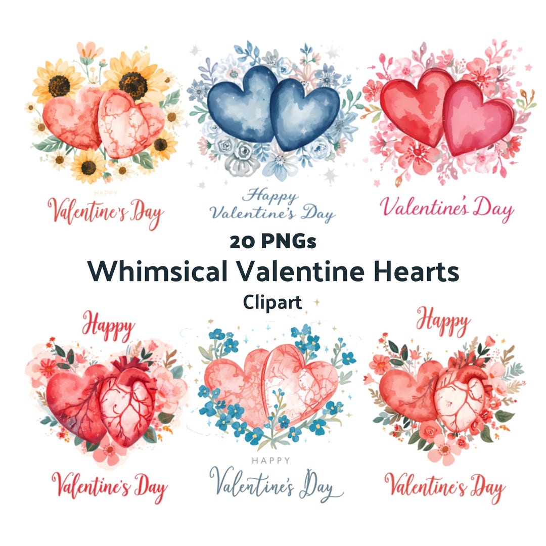 Watercolor Valentine Hearts PNG Clipart – 20 Whimsical Graphics ...
