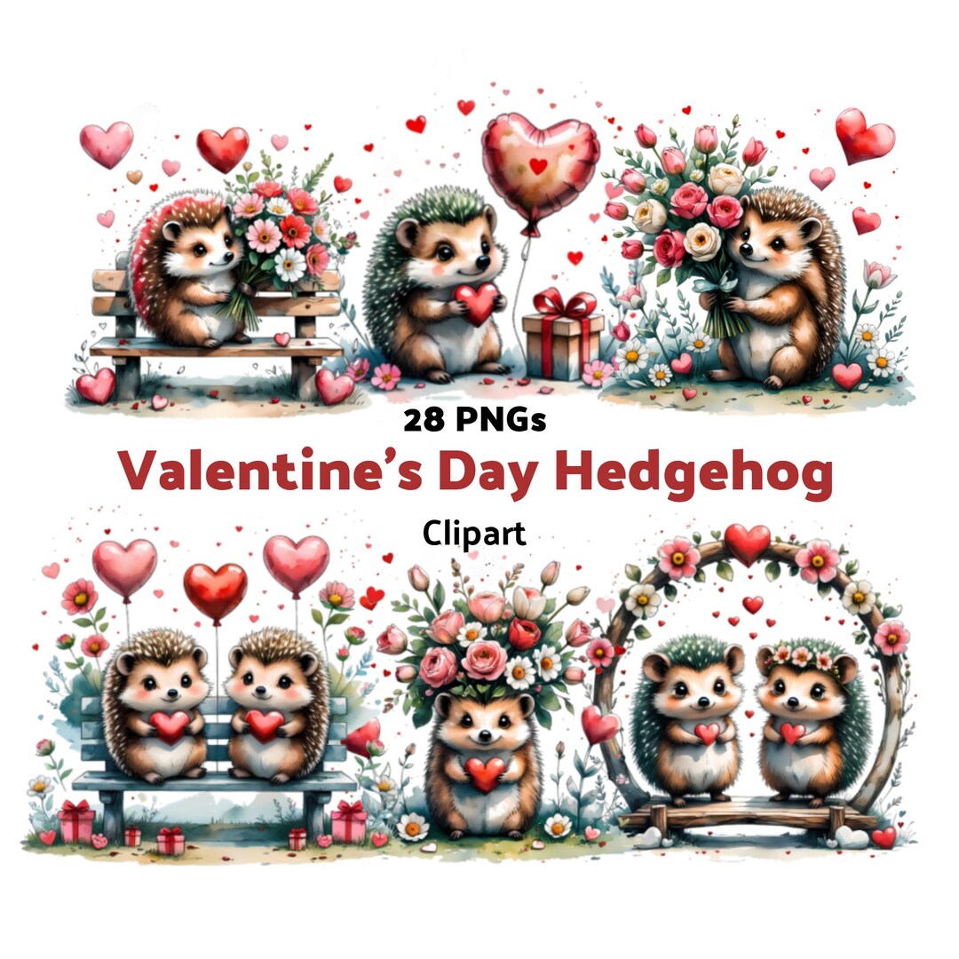 Valentine’s Day Hedgehog Clipart: Whimsical Watercolor Animals ...