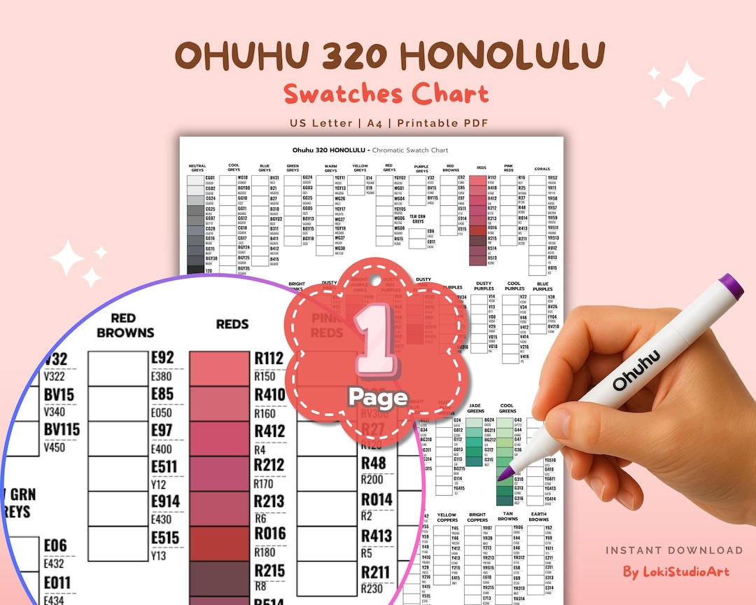 Ohuhu Honolulu 320 Swatch Chart – Printable Marker Color Chart (PDF) - Etsy