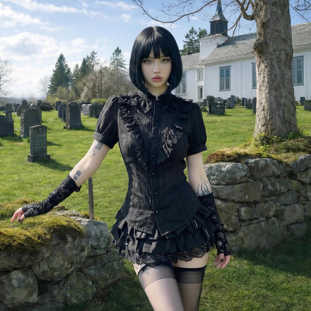 Black Gothic Lace Ruffled Shirt, Victorian Dark Top - Etsy