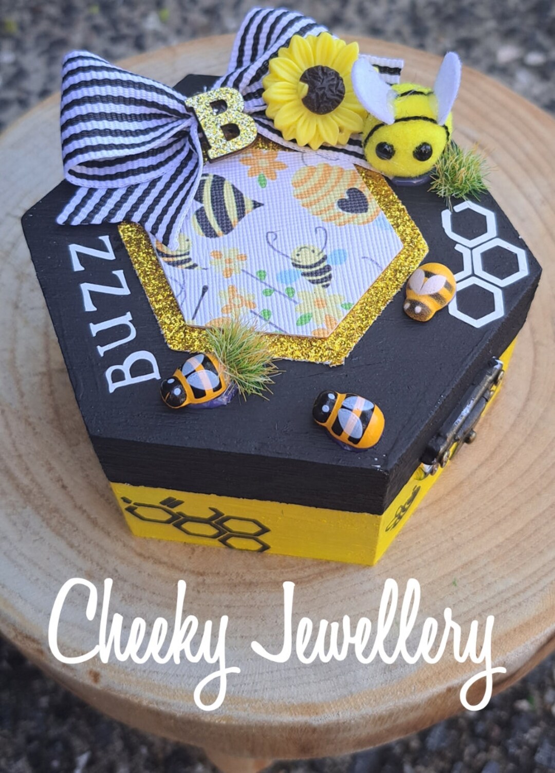 Sunny Buzzy Bee Wooden Hex Trinket Box Themescape, Bees and Sunflowers ...