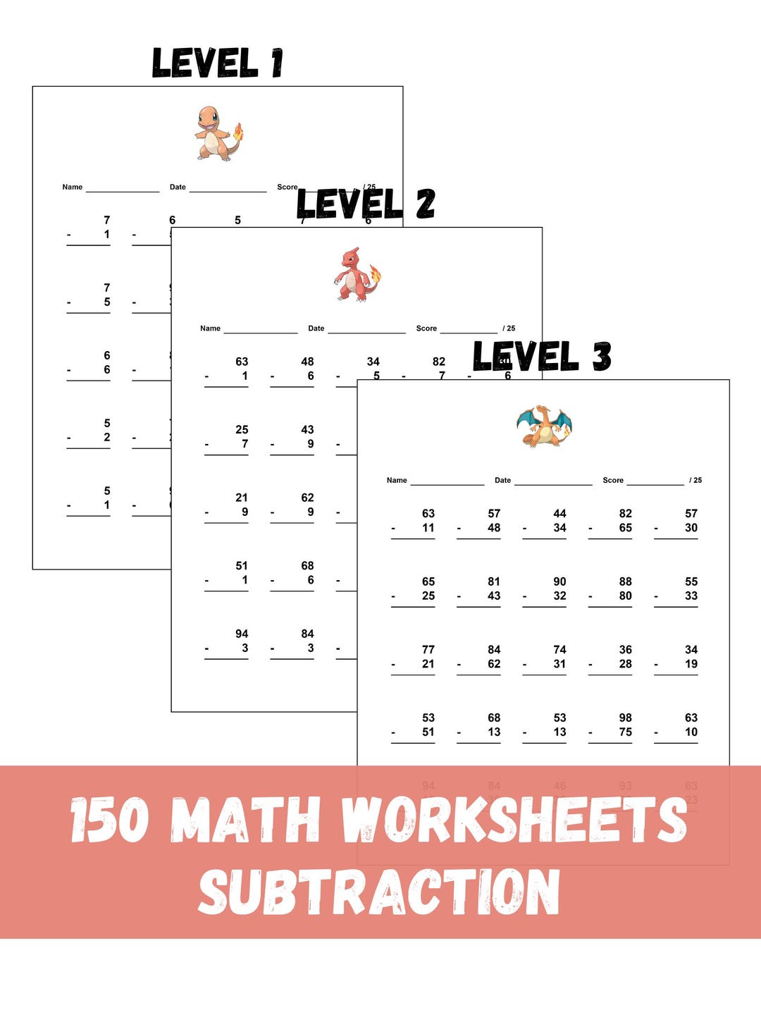 Pokemon Subtraction Worksheets, Levels 1 to 3, Kindergarten to 3rd ...