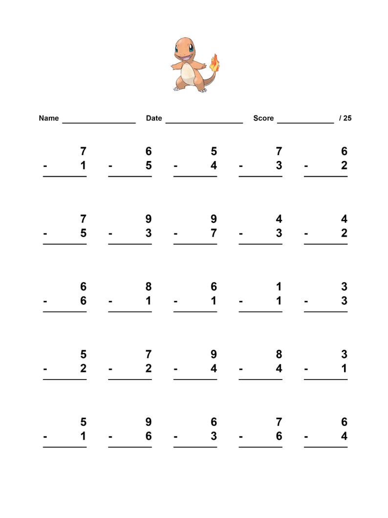 Pokemon Subtraction Worksheets, Levels 1 to 3, Kindergarten to 3rd ...