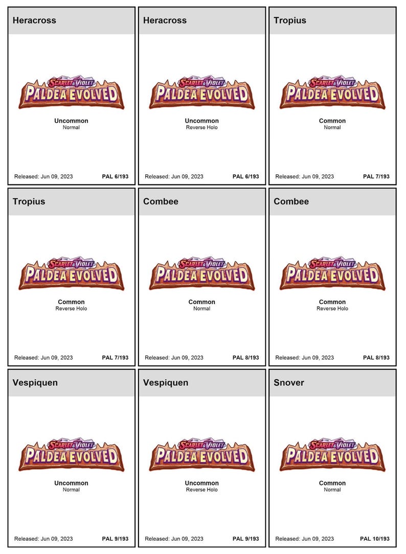 Pokemon TCG Paldea Evolved Binder Placeholders and Checklist (digital ...