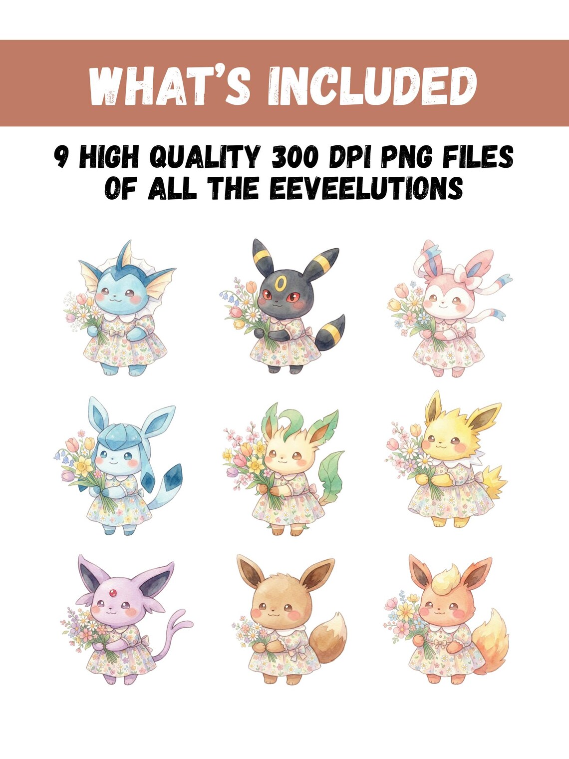Eeveelutions Spring Floral Dress PNG Bundle, Watercolor Pokémon Clipart ...