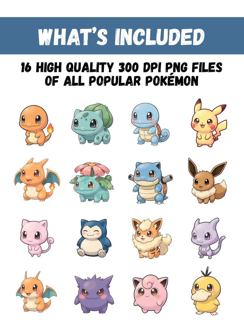 Pokémon PNG Bundle, 16 Popular Pokémon, Chibi Cute Kawaii Clipart ...