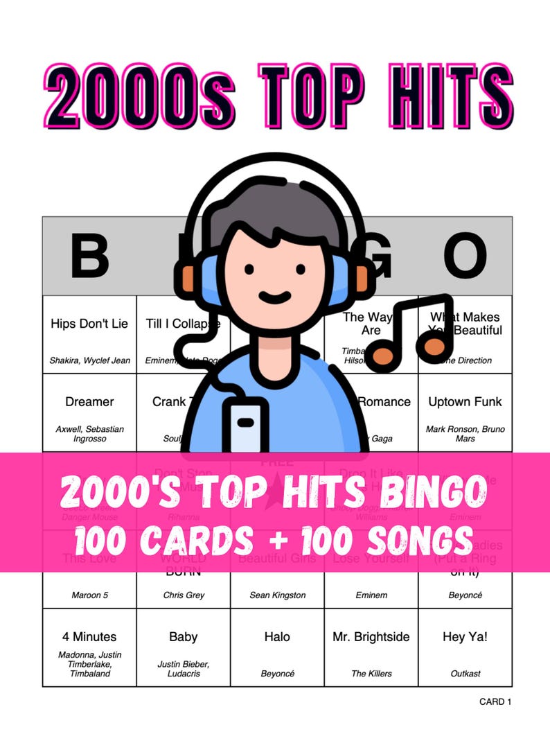 2000s Music Bingo Game, 100 Printable Cards, 100 Hit Songs, Y2K Hip Hop ...