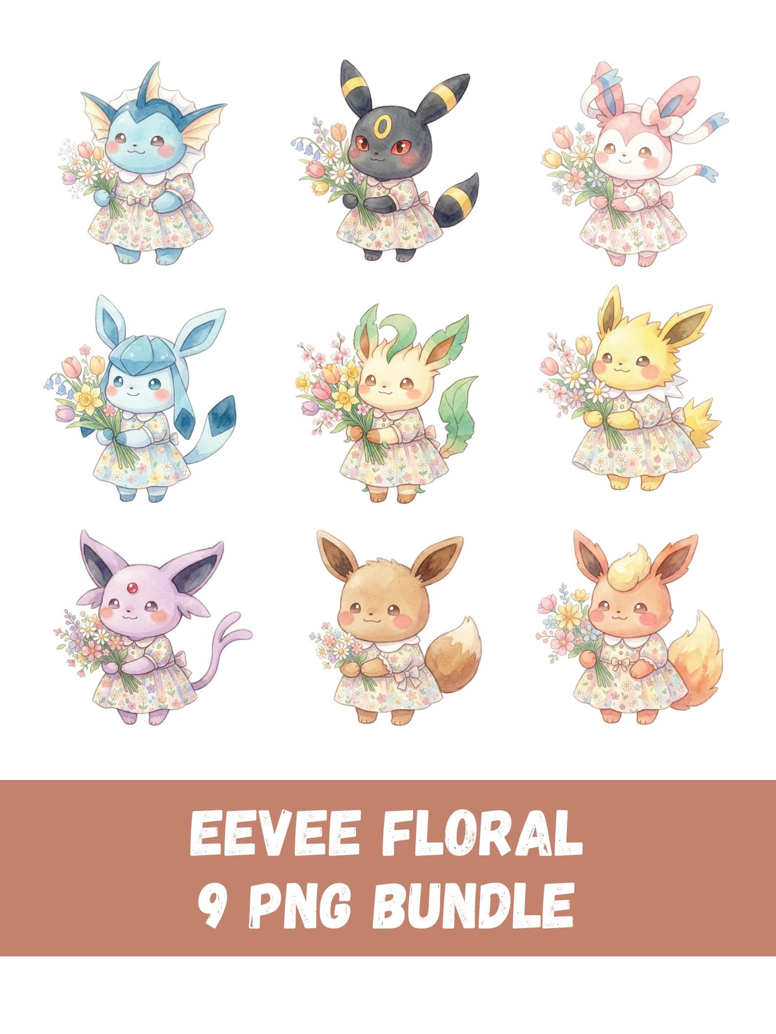 Eeveelutions Spring Floral Dress PNG Bundle, Watercolor Pokémon Clipart ...