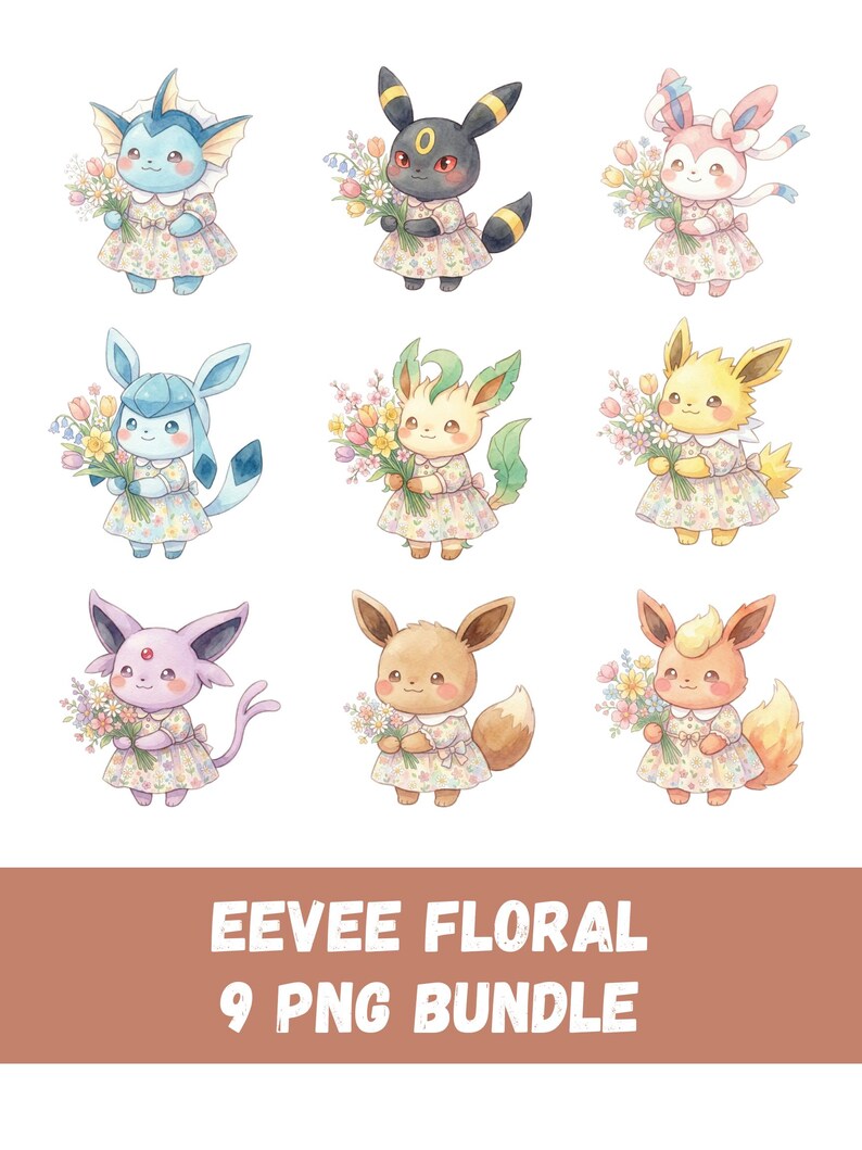 Eeveelutions Spring Floral Dress PNG Bundle, Watercolor Pokémon Clipart ...