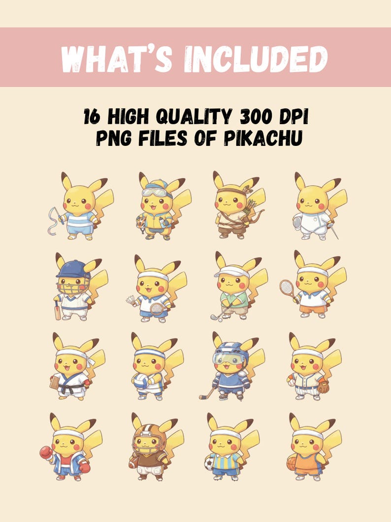 Pikachu Playing Sports PNG Pack, 16 Pikachu Sports, Chibi Cute Kawaii ...