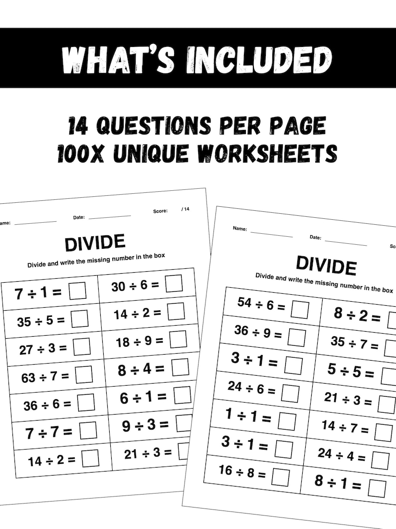 Division Workbook Using Numbers 1 to 9, 100 Pages Printable, Answer Box ...