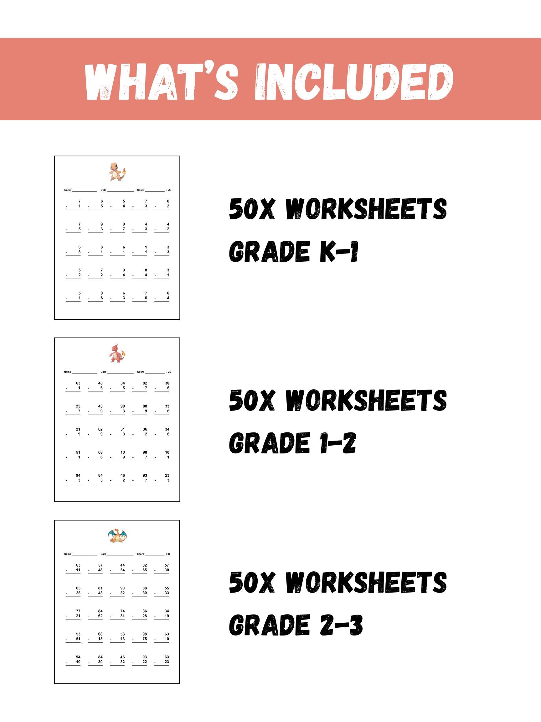Pokemon Subtraction Worksheets, Levels 1 to 3, Kindergarten to 3rd ...