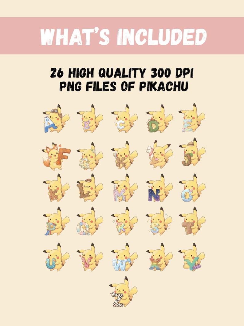 Pikachu A-Z Alphabet PNG Pack, 26 Letter Clipart Set, Chibi Cute Kawaii ...