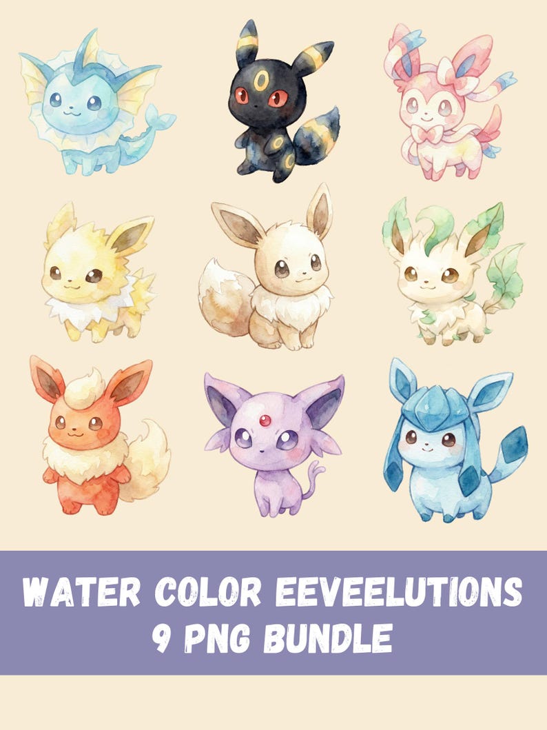 Watercolor Eeveelutions Pokemon PNG Bundle, Cute Kawaii Clipart, Eevee ...