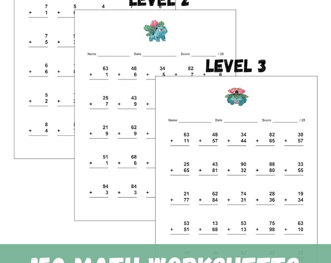 Pokemon Addition Worksheets, Levels 1 to 3, Kindergarten to 3rd Grade ...