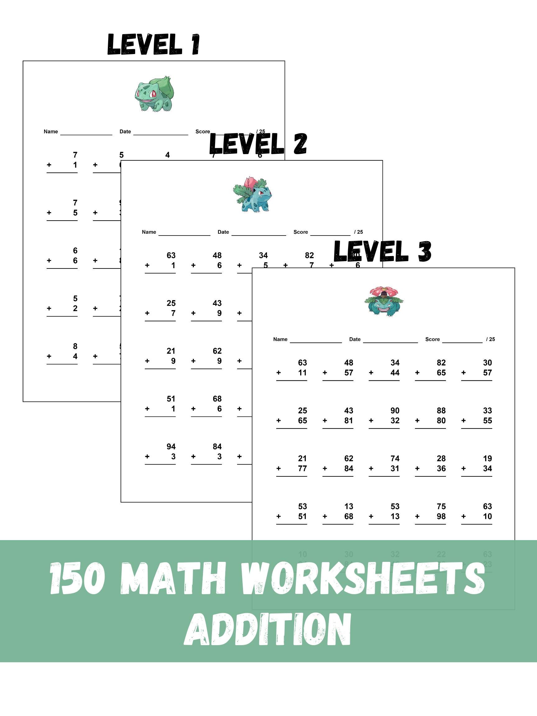 Pokemon Addition Worksheets, Levels 1 to 3, Kindergarten to 3rd Grade ...
