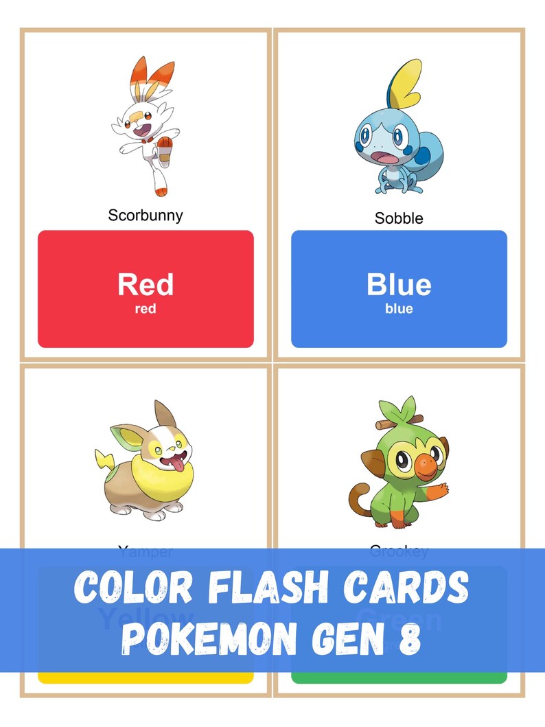 Tarjetas de colores de Pokémon Gen 8 imprimibles, tarjetas de ...