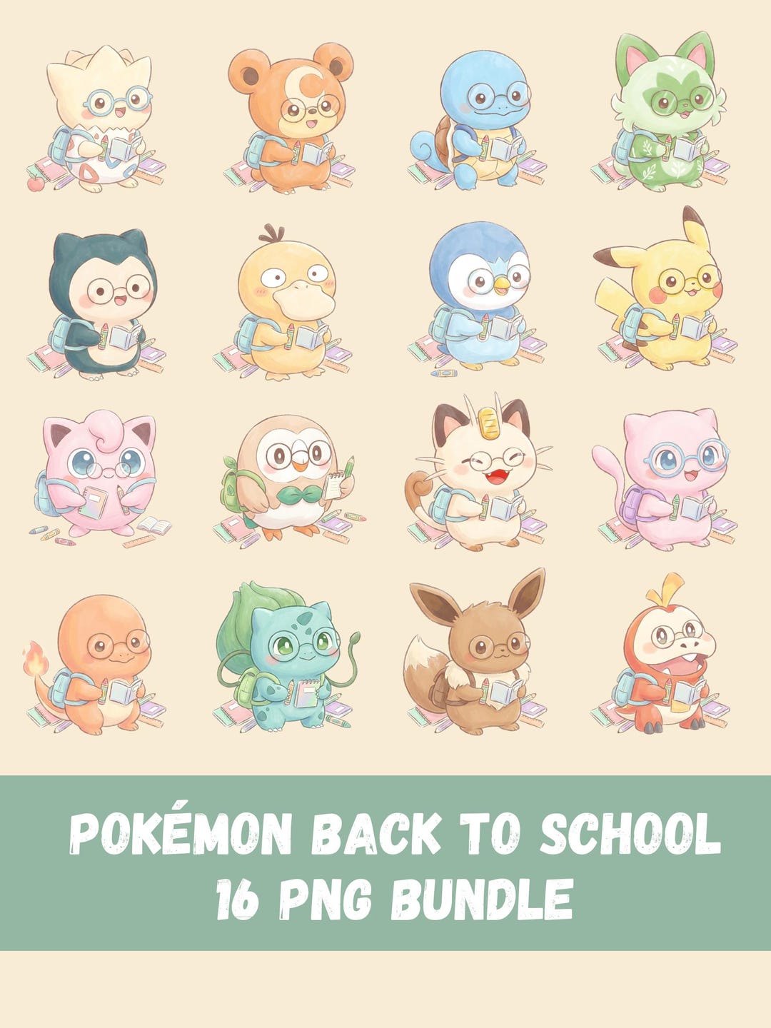 Back to School Pokémon PNG Bundle, 16 Chibi Cute Kawaii Clipart, School ...