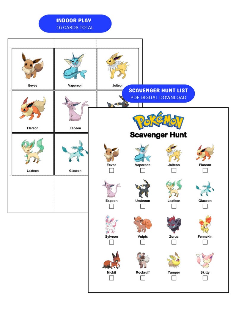 Pokémon Eevee Scavenger Hunt, 16 Cards (digital Download - Etsy