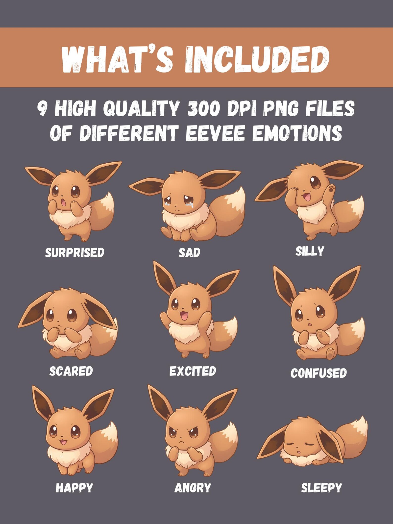 Eevee Chibi Emotions Pokemon PNG Bundle, 9 Cute Eevee Faces, Kawaii ...