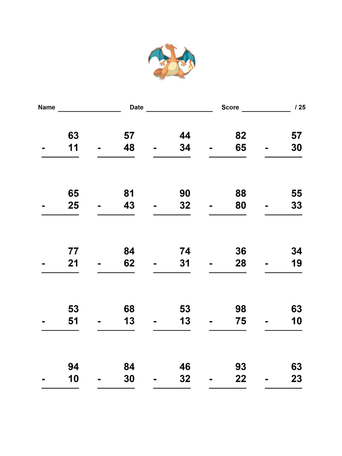 Pokemon Subtraction Worksheets, Levels 1 to 3, Kindergarten to 3rd ...