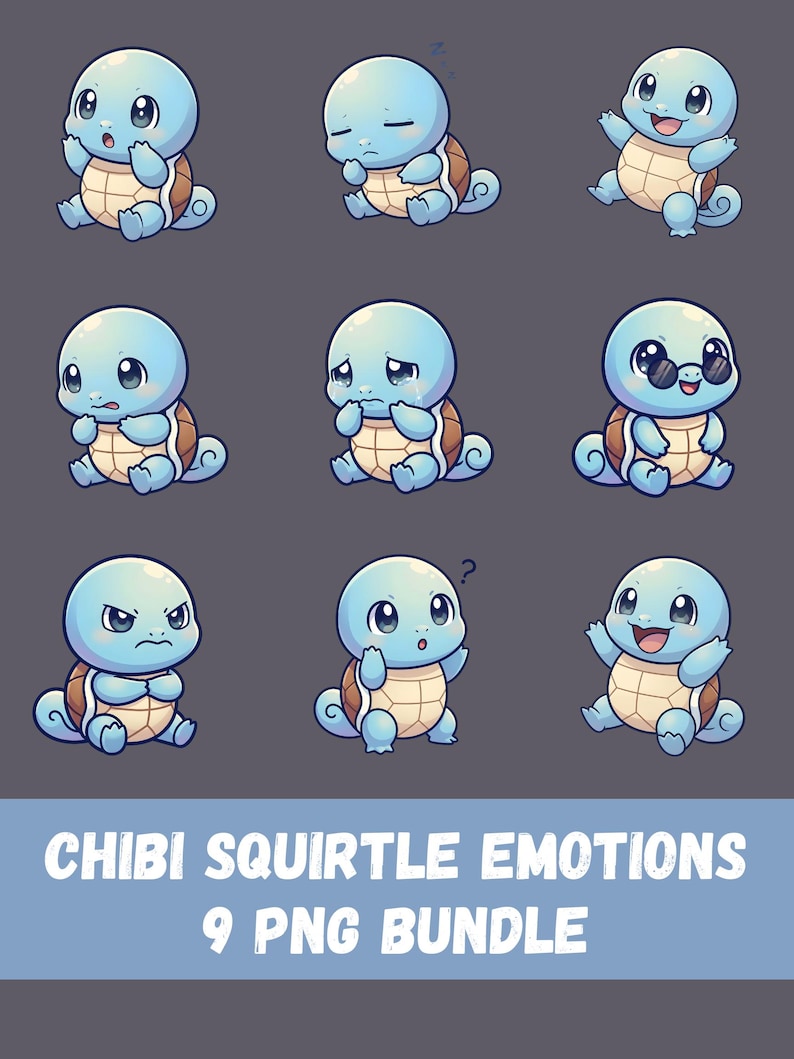 Pokémon Squirtle Chibi Emotion PNG Bundle, 9 Cute Squirtle Expressions ...