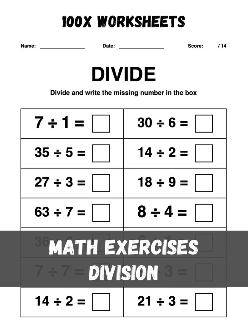 Division Workbook Using Numbers 1 to 9, 100 Pages Printable, Answer Box ...